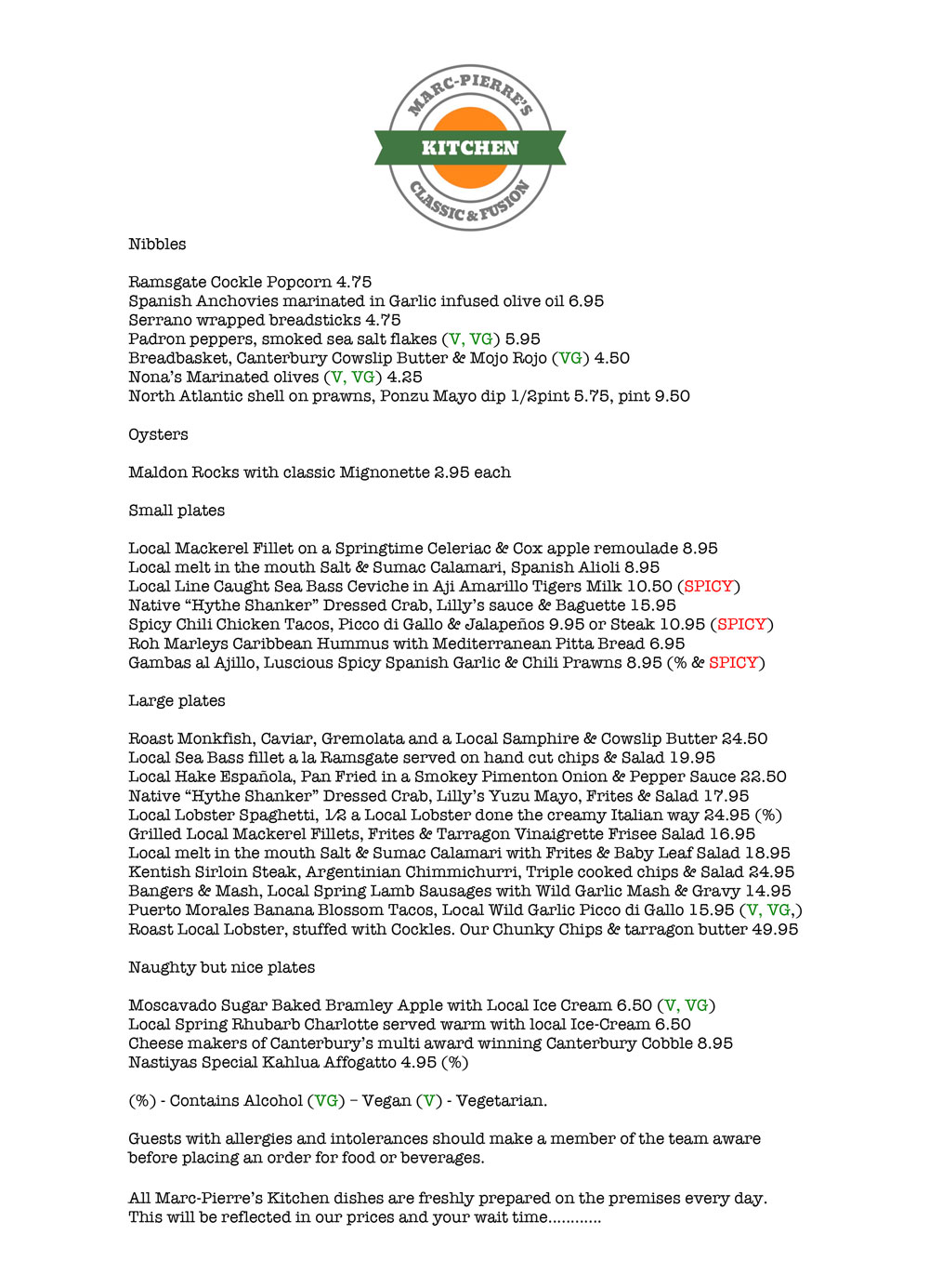 Menus - Marc Pierre's Kitchen